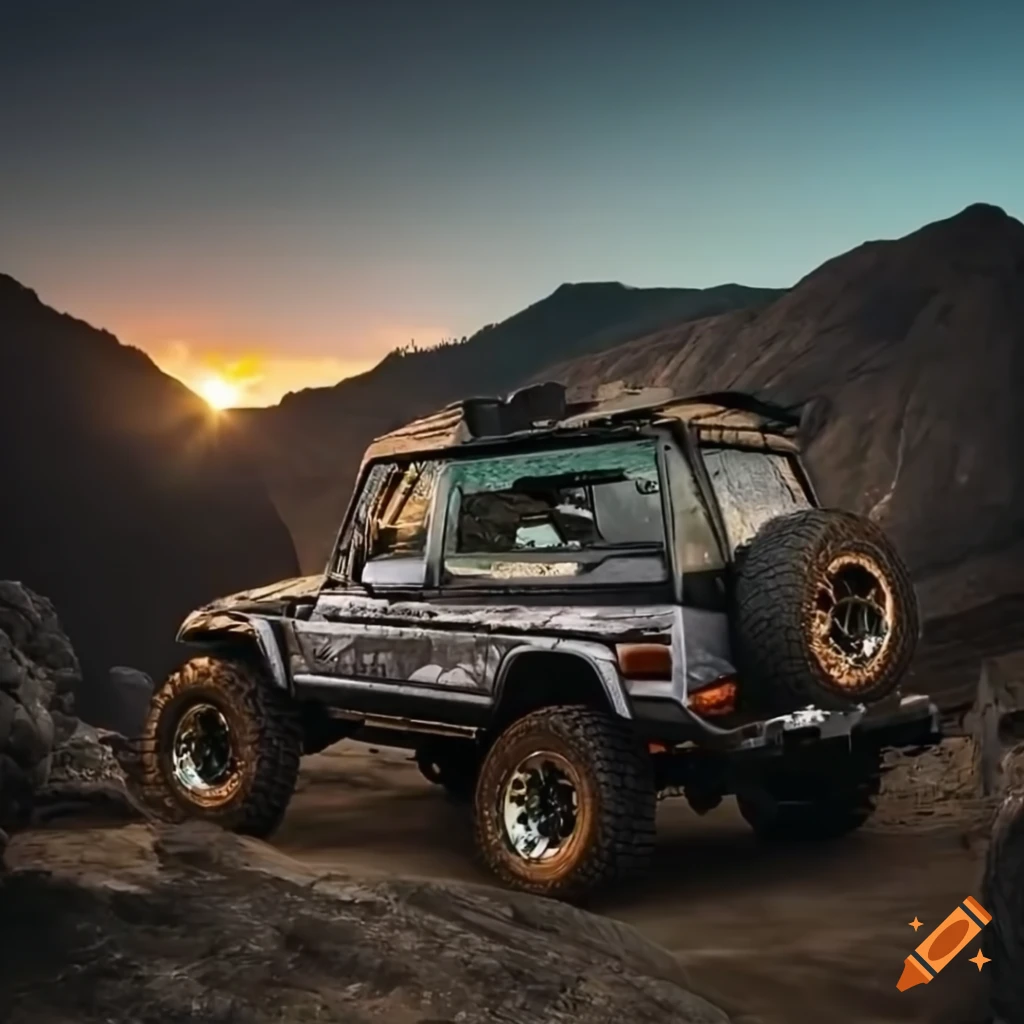 Toyota LJ70 offroad vehicle climbing rocky mountain at sunset with roof ...