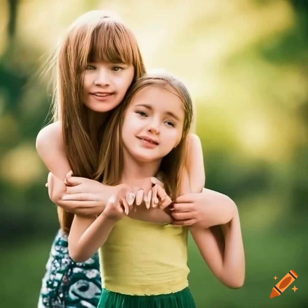Two girls posing in a garden for a photo on Craiyon
