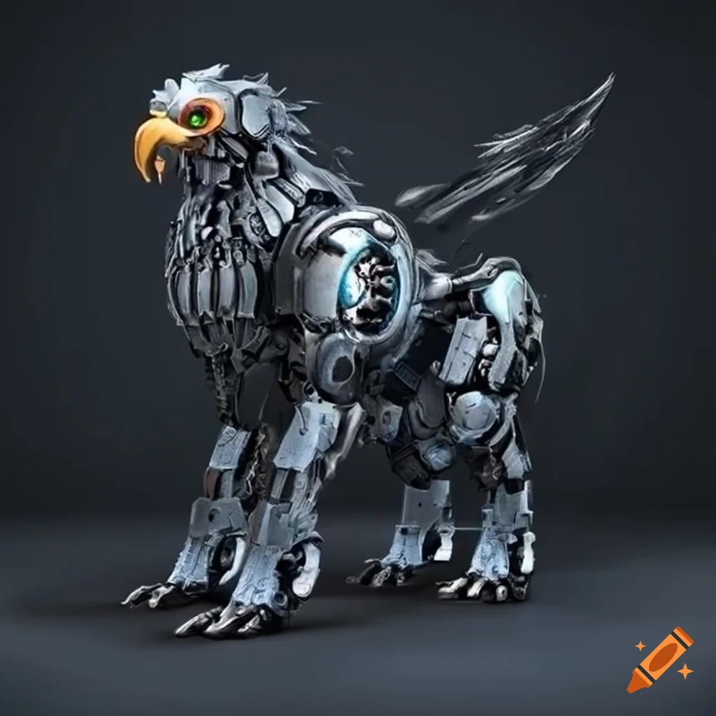 Intricately detailed robotic griffon ready for war on Craiyon