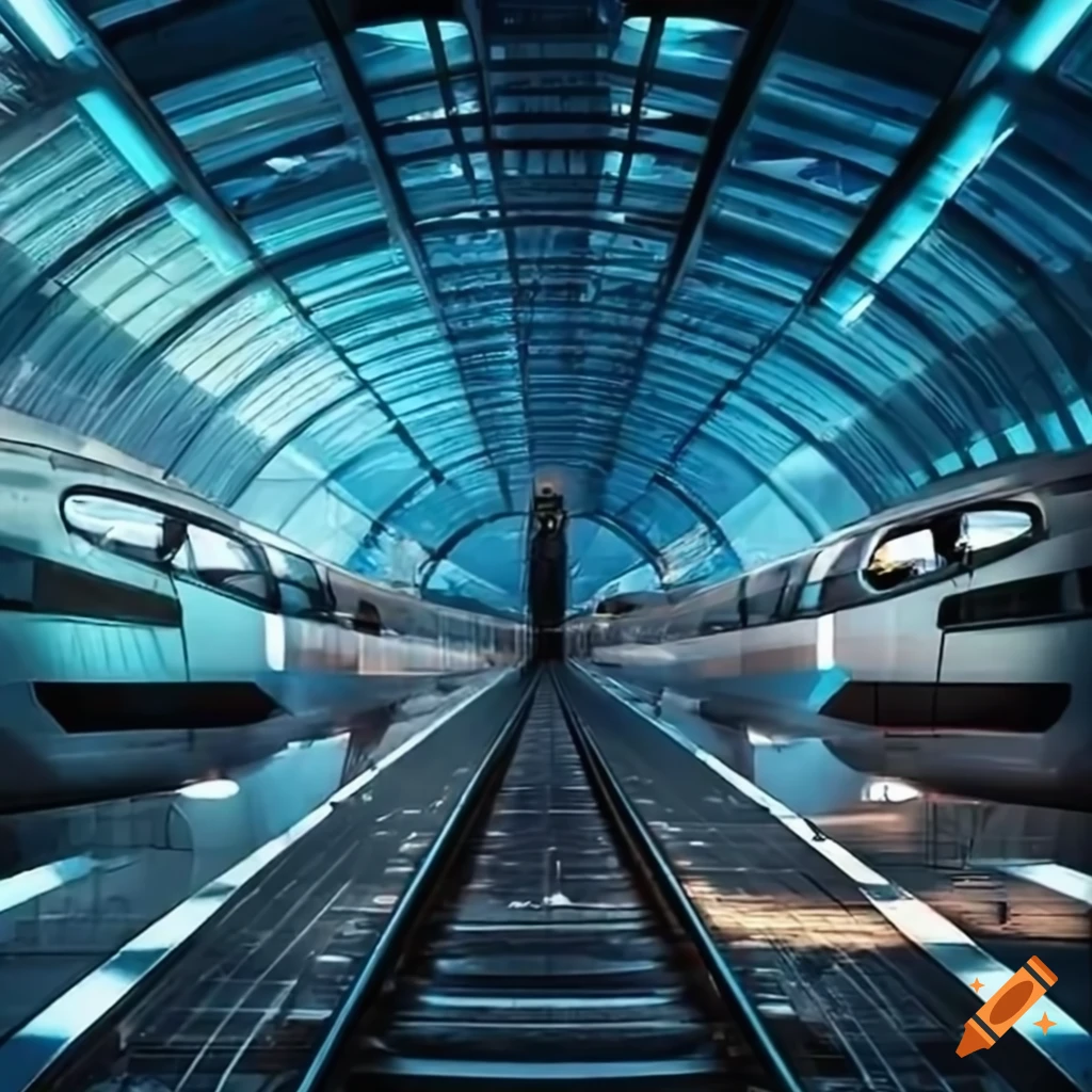 Sleek glass train station with a high-speed rocket train on Craiyon