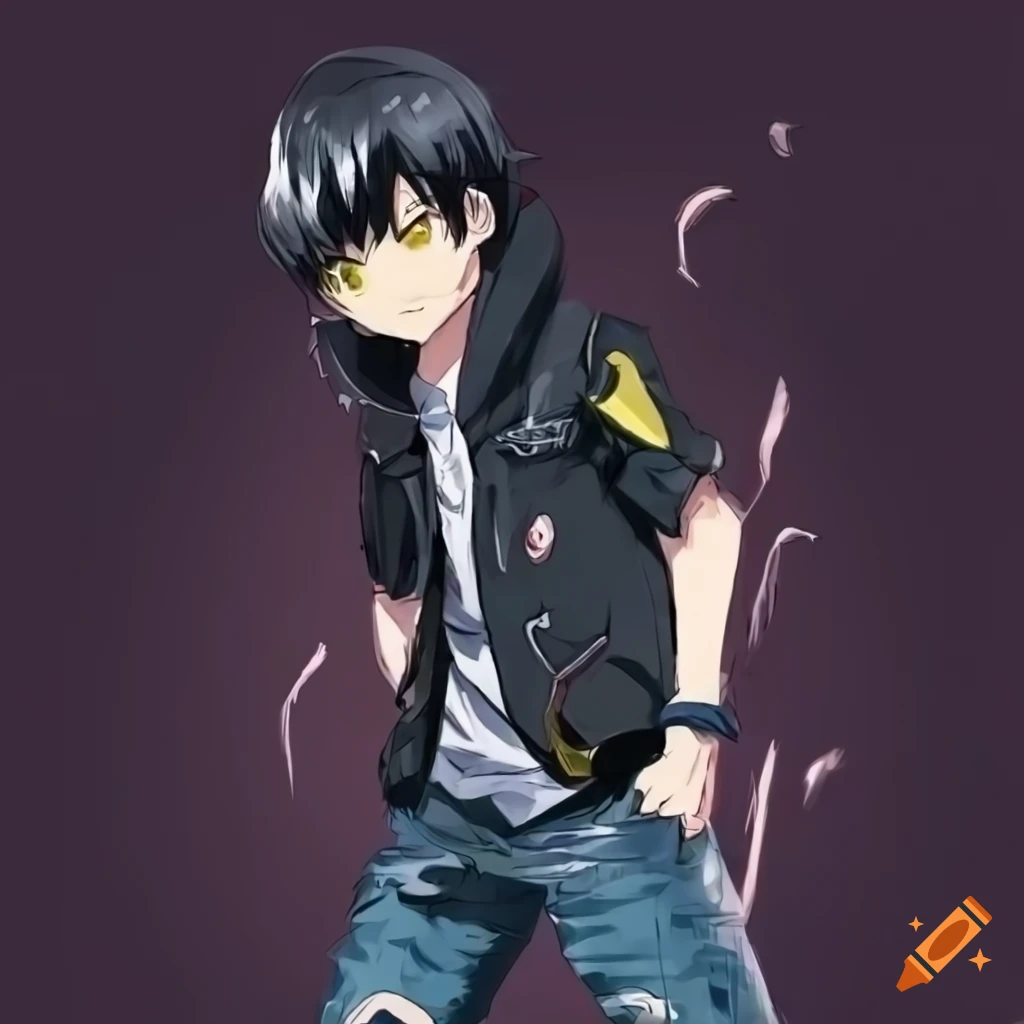 Anime boy with yellow eyes and black attire holding a Beyblade burst ...