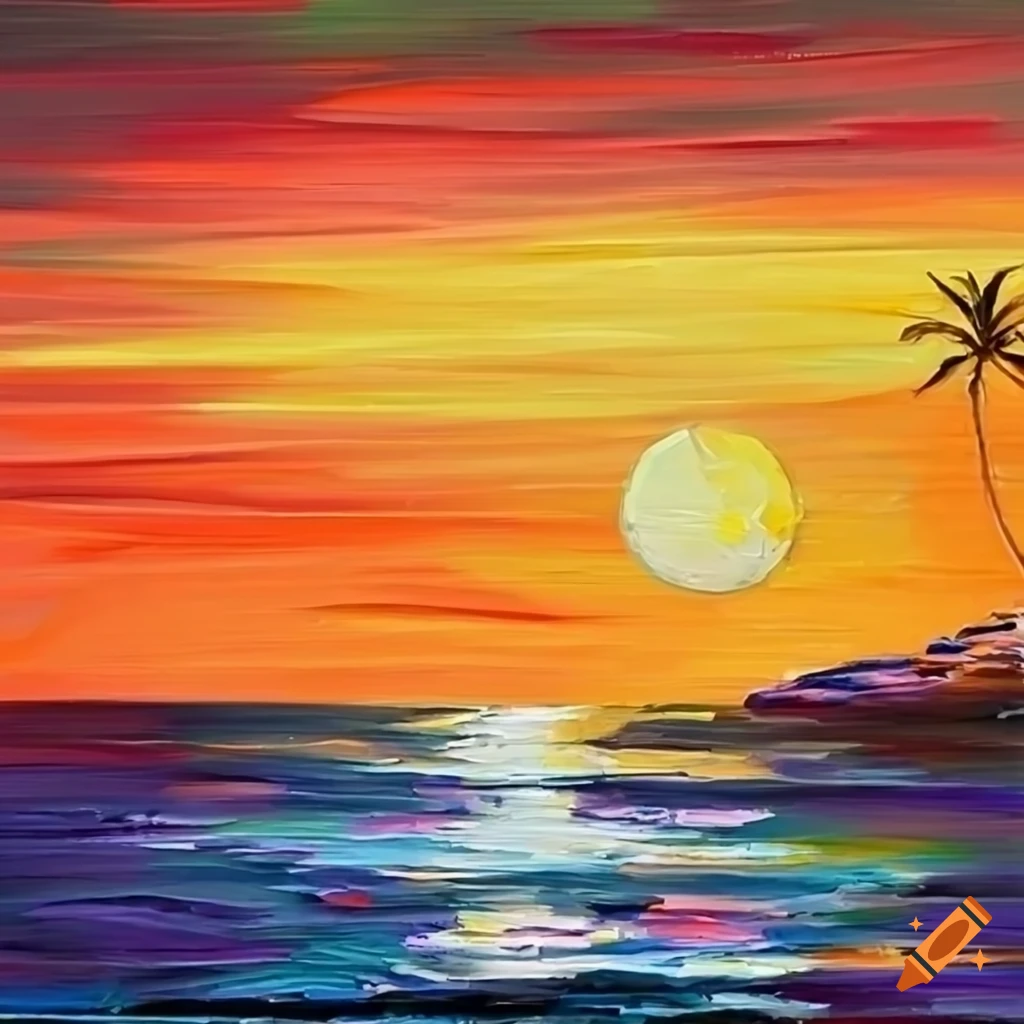 Tropical beach sunset in vibrant oil painting on Craiyon