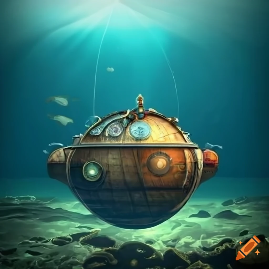 Steampunk Bathysphere in ocean with underwater volcano backdrop on Craiyon