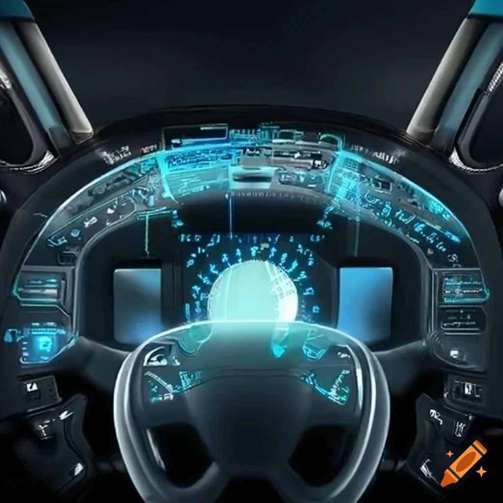 Semi truck autopilot cockpit with hologram HUD on Craiyon