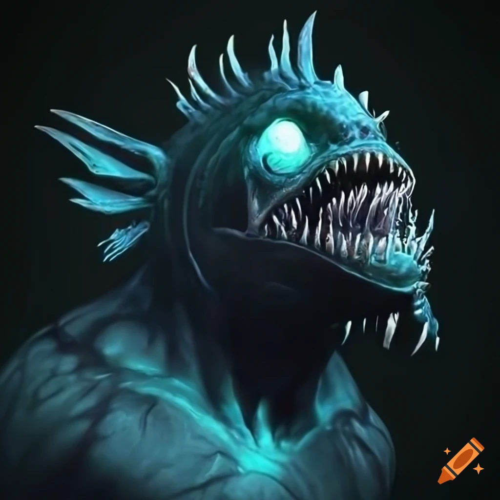 Muscular humanoid anglerfish deep sea monster portrait in black with a ...