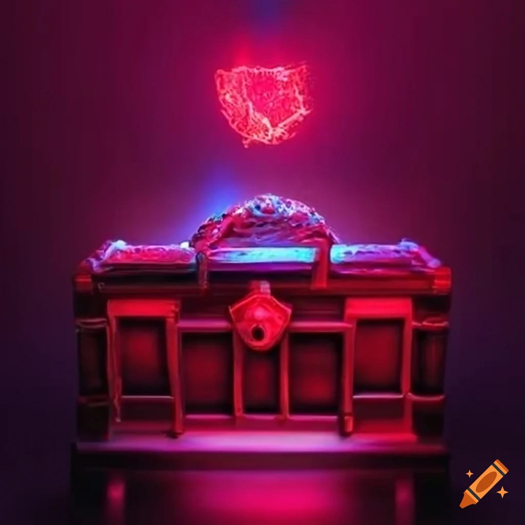 Red glowing holographic treasure chest on Craiyon