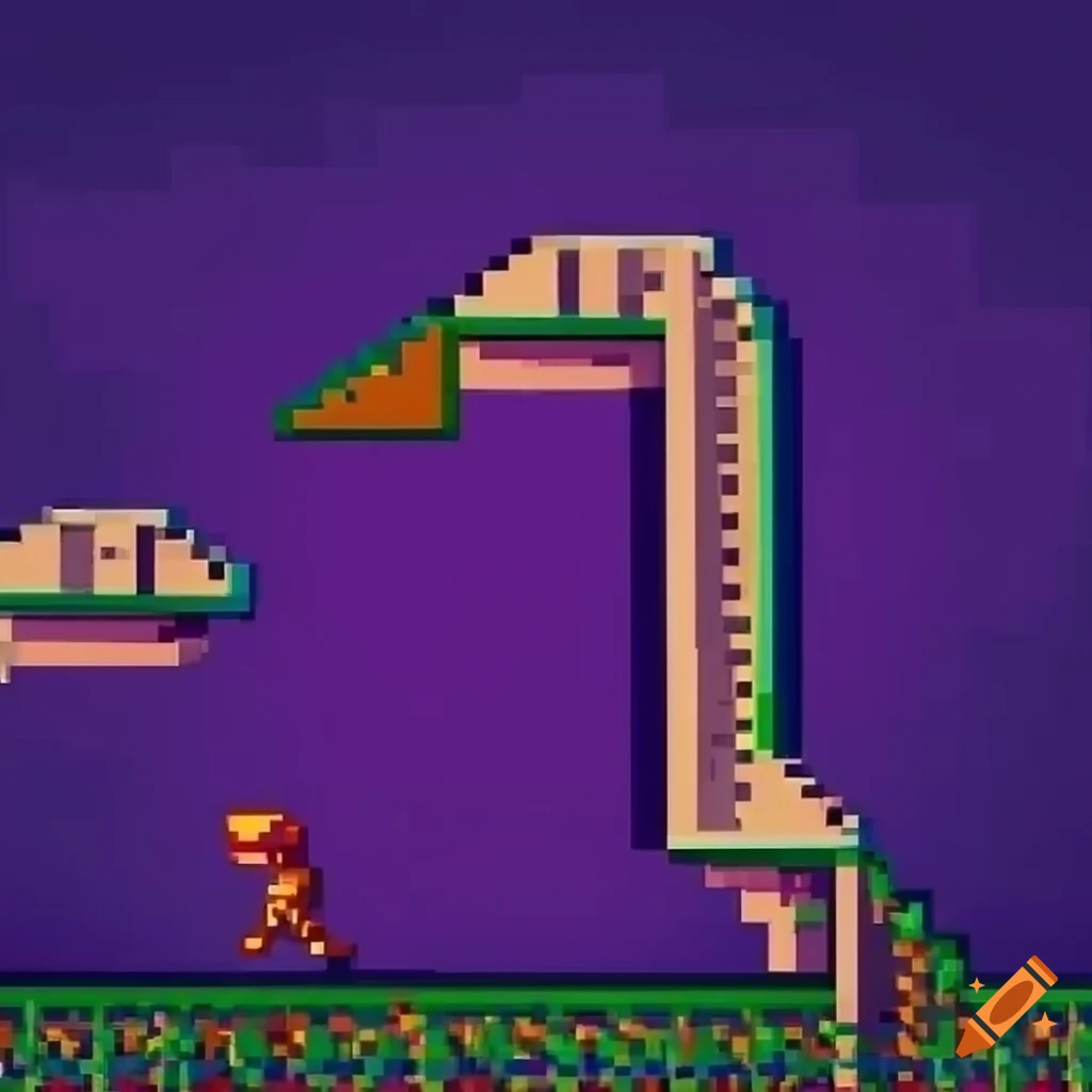 Retro 8-bit style video game character climbing endless staircase with ...