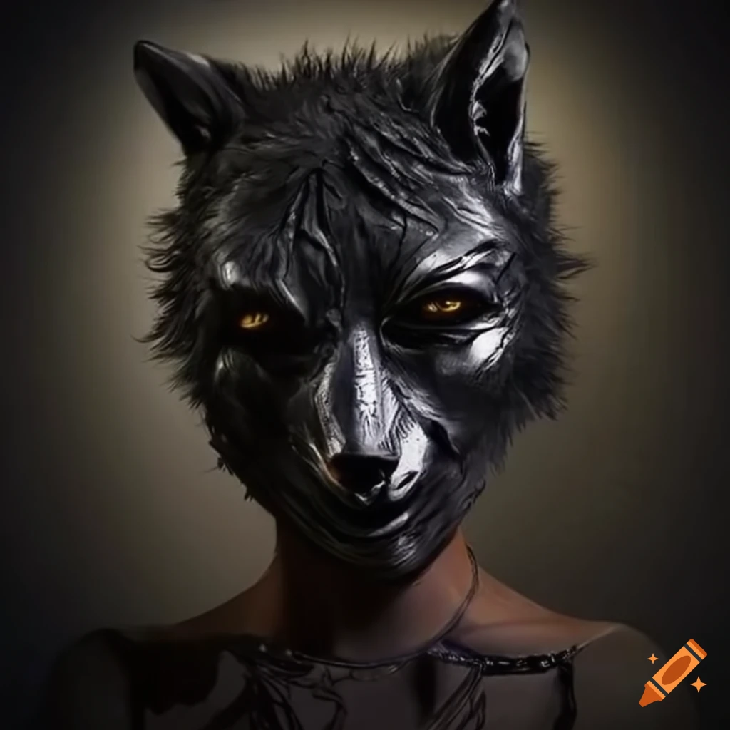 Woman wearing a black and shiny wolf mask with an evil and scary look ...