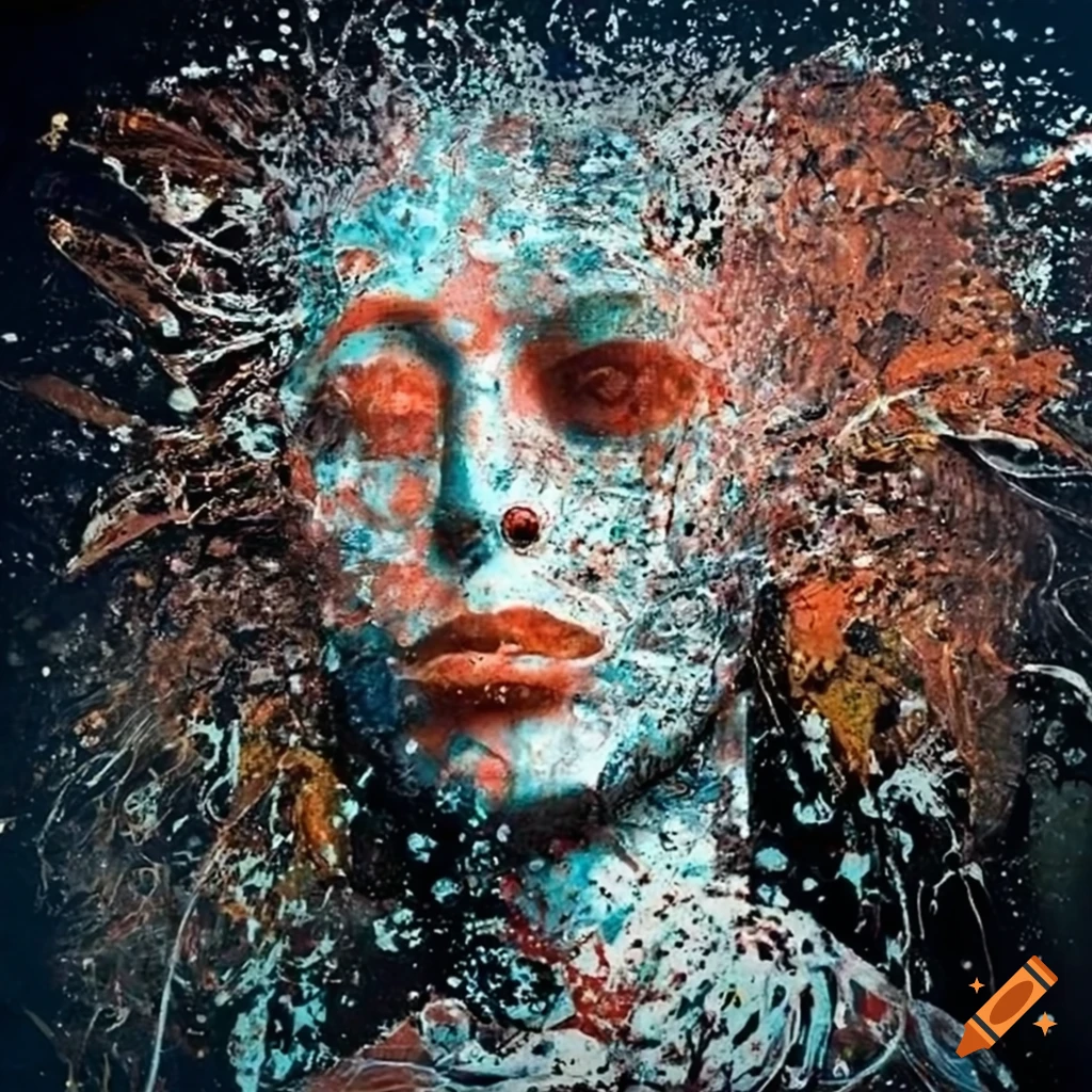 Abstract splatter painting of a woman surrounded by exotic flowers and ...