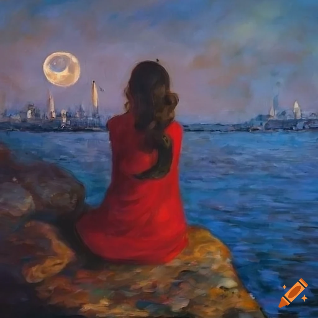 Monet-style oil painting of a woman with long wavy dark hair in ...