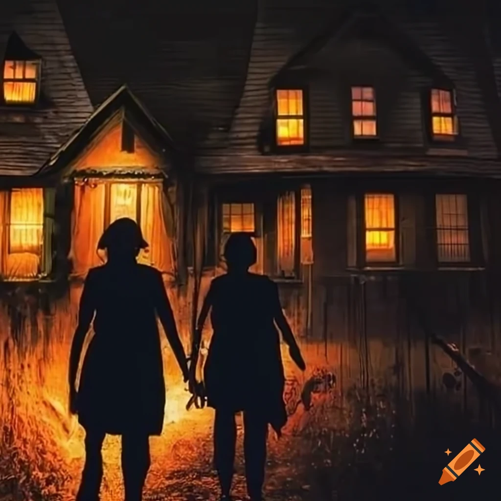 Two friends walking towards a haunted house on Craiyon