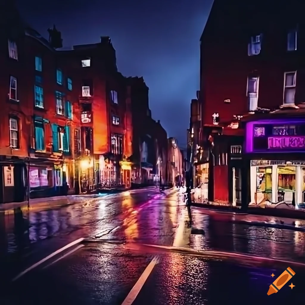 Night view of dublin streets with lights on Craiyon