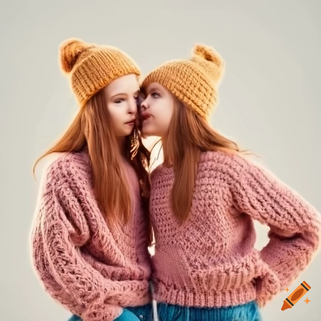 Two girls posing in knitted sweaters on Craiyon