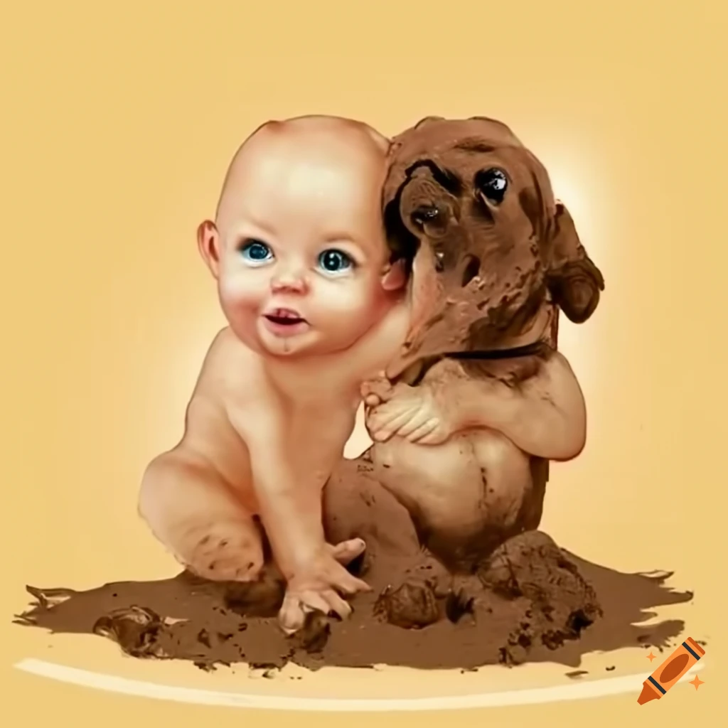Baby and puppy playing in the mud on Craiyon