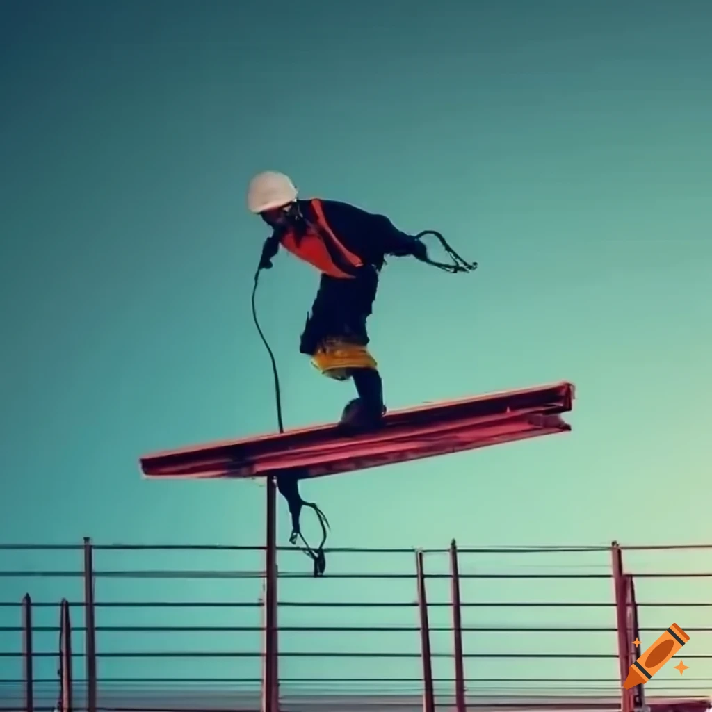 Worker surfing on a metal board at a construction site on Craiyon