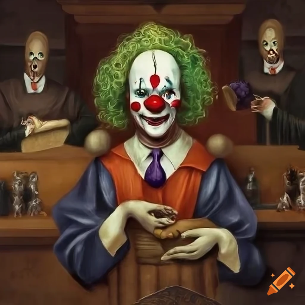 Artistic nightmare scene with a clown judge in a crowded courtroom ...