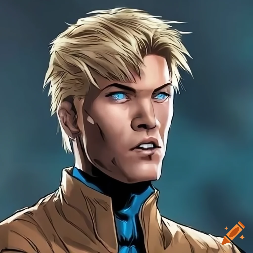 Blonde man resembling Gambit from X-men in action with bowstaff on Craiyon