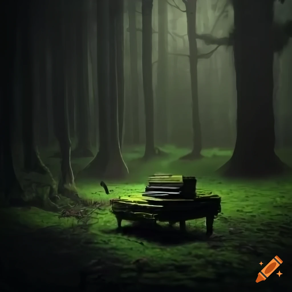Dark somber forest with a mossy piano in the foreground on Craiyon