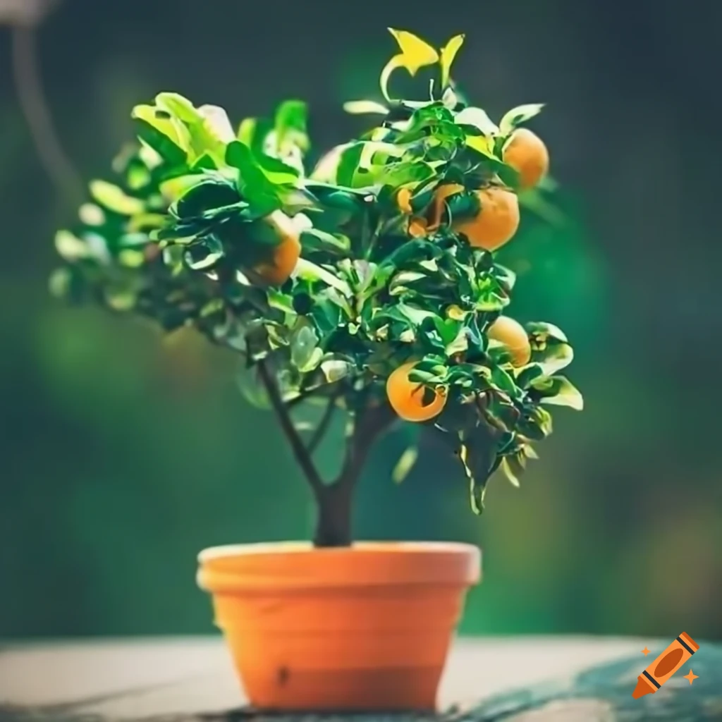 Small citrus tree in a flowerpot in the garden on Craiyon