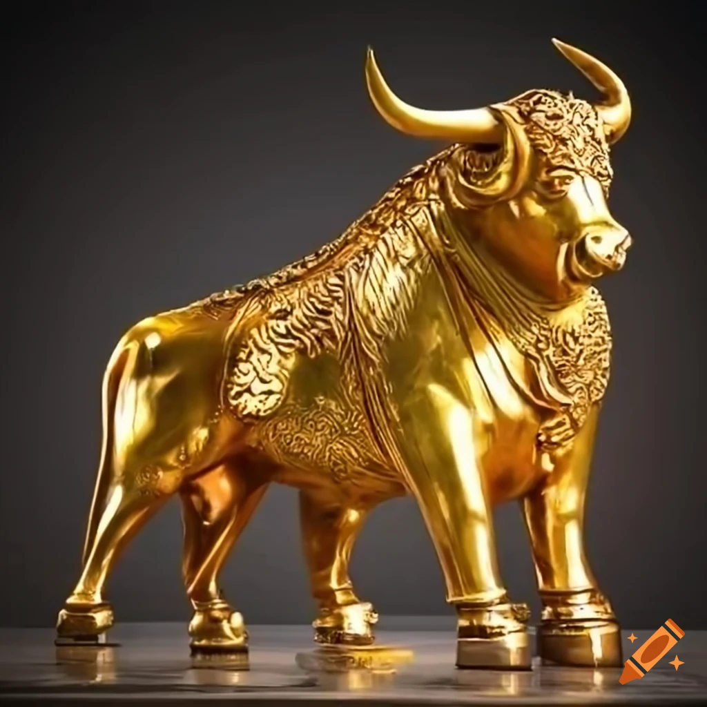 Statue of a majestic bull god in golden garments on Craiyon