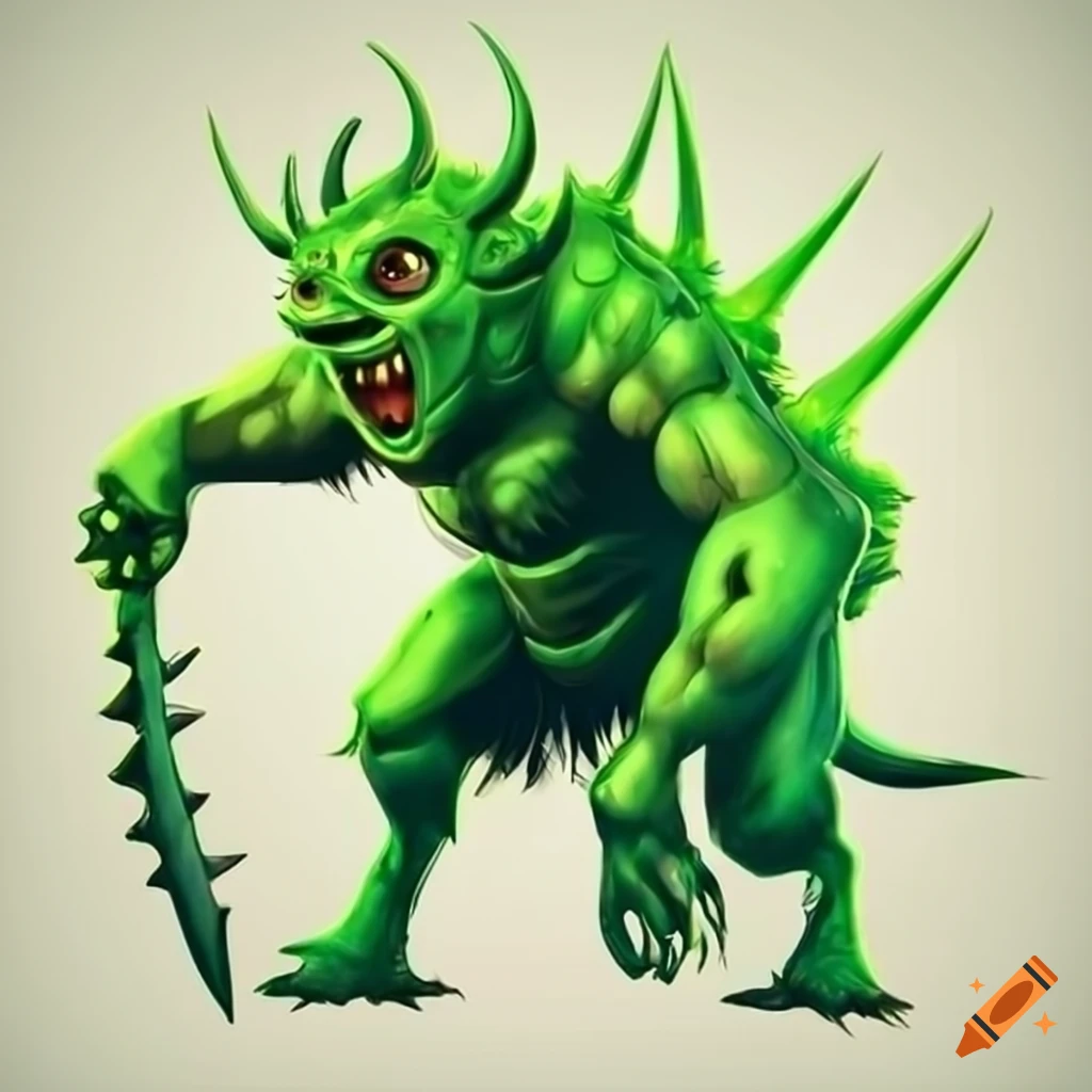 Green and cute monster with horns, spikes, and sharp teeth on Craiyon