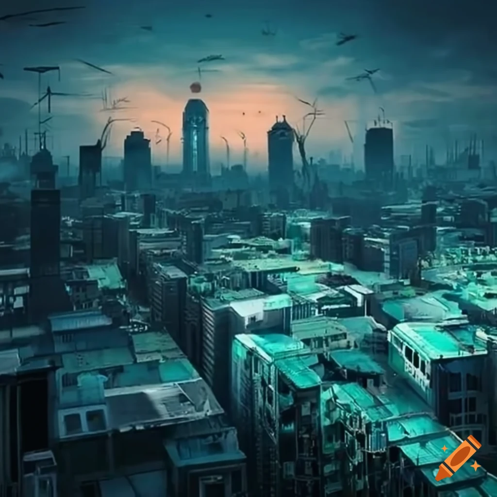 Cityscape devoid of plants and trees in the year 2051 on Craiyon