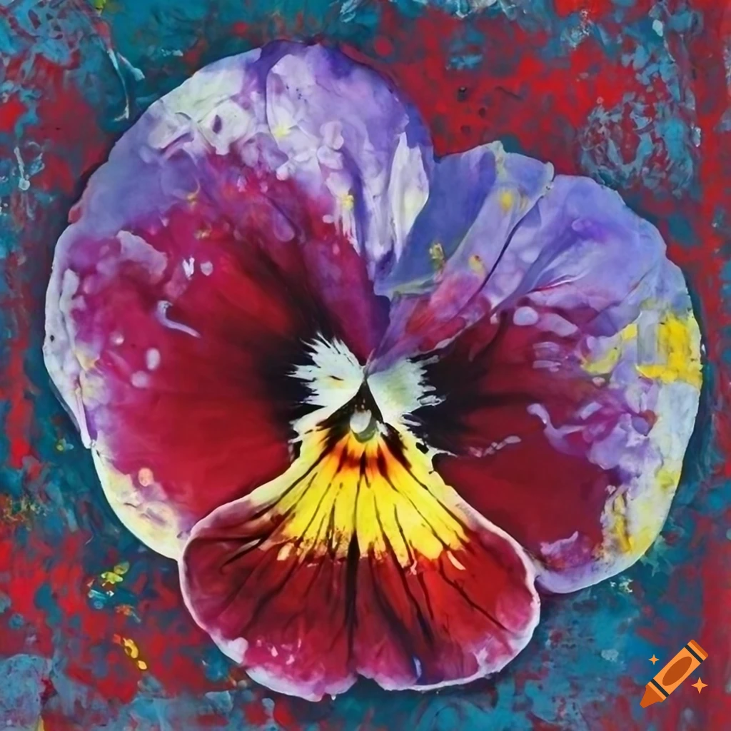Abstract splatter painting of pansy flowers in silver, white, red ...