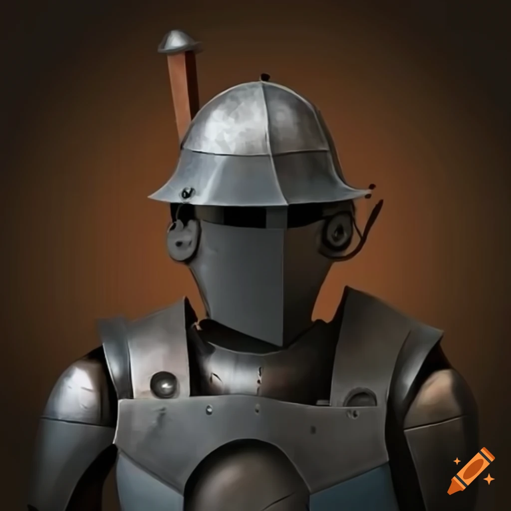 Medieval robot knight with head up display in a field on Craiyon