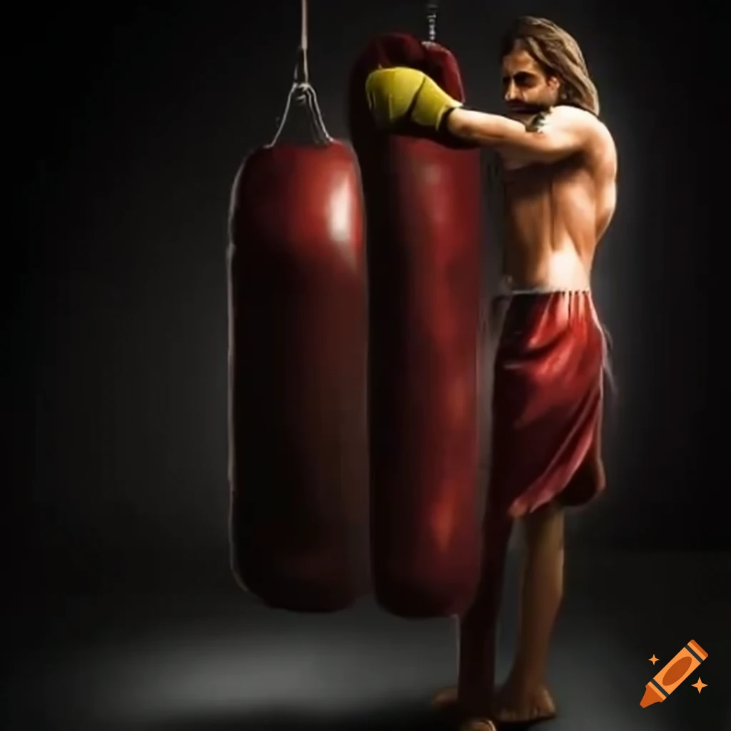 Jesus practicing boxing with a punching bag on Craiyon