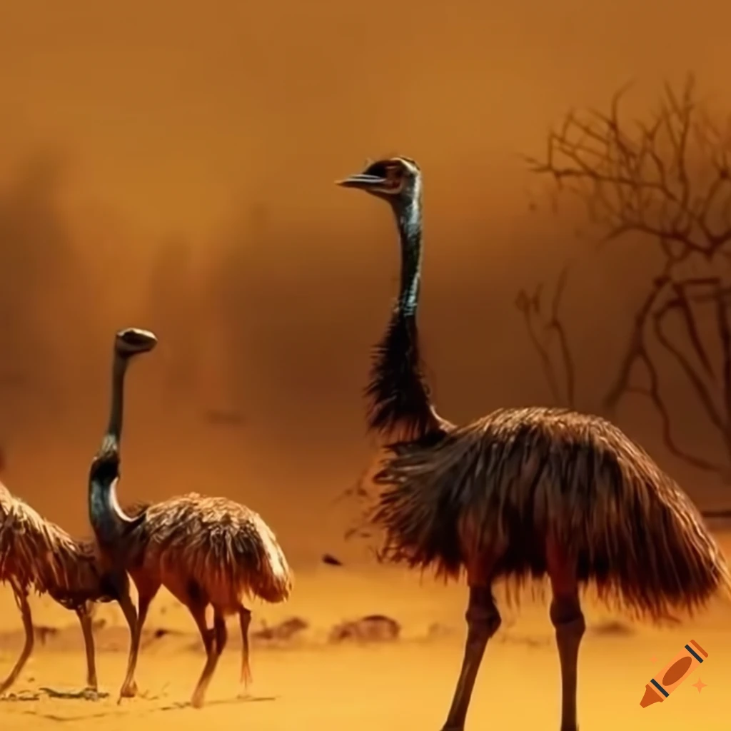 Group of emu in a military or battle formation on Craiyon