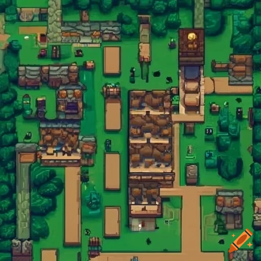 Pixelated rpg game town view from above with walkable paths on Craiyon