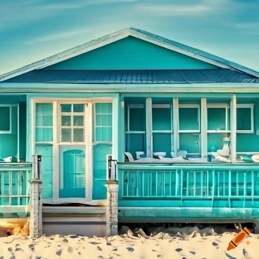 Turquoise cottage by the beach with a trail leading to the shore on Craiyon