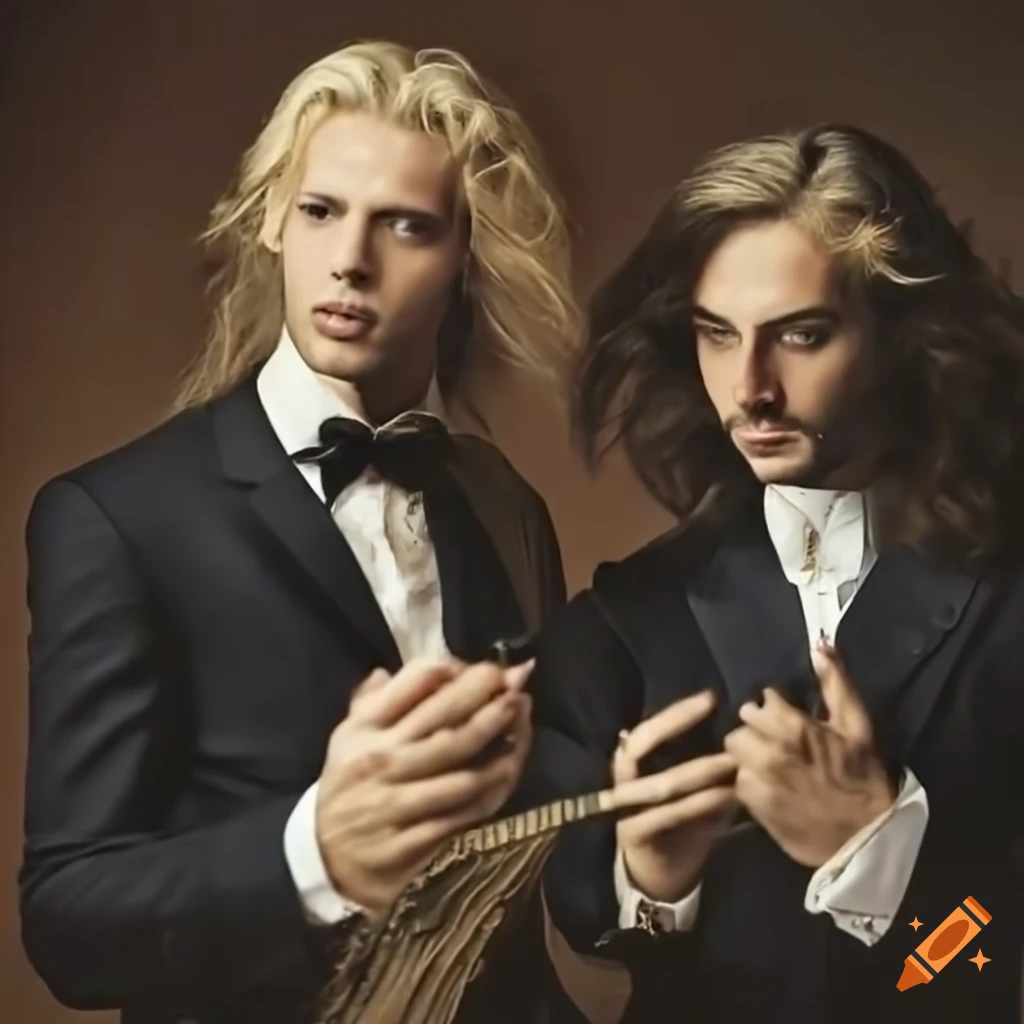 Two elegant italian men playing harmonious music with flowing hair on ...