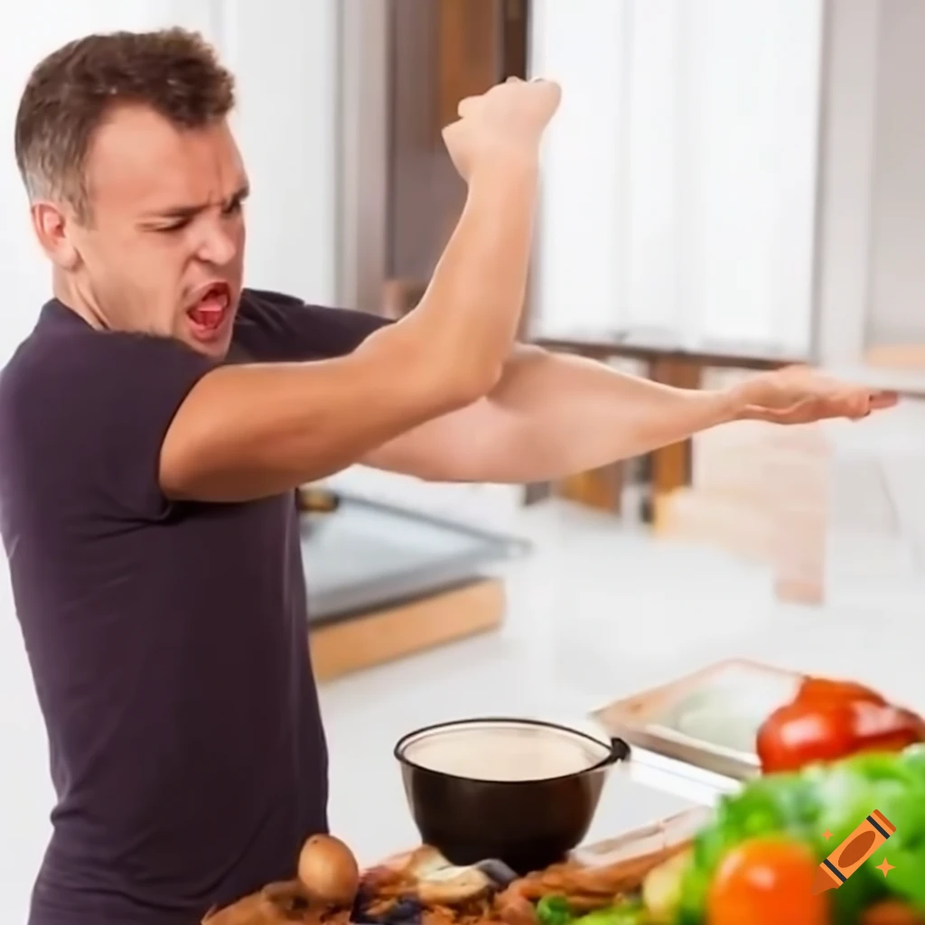 Angry man expressing disdain in the kitchen on Craiyon