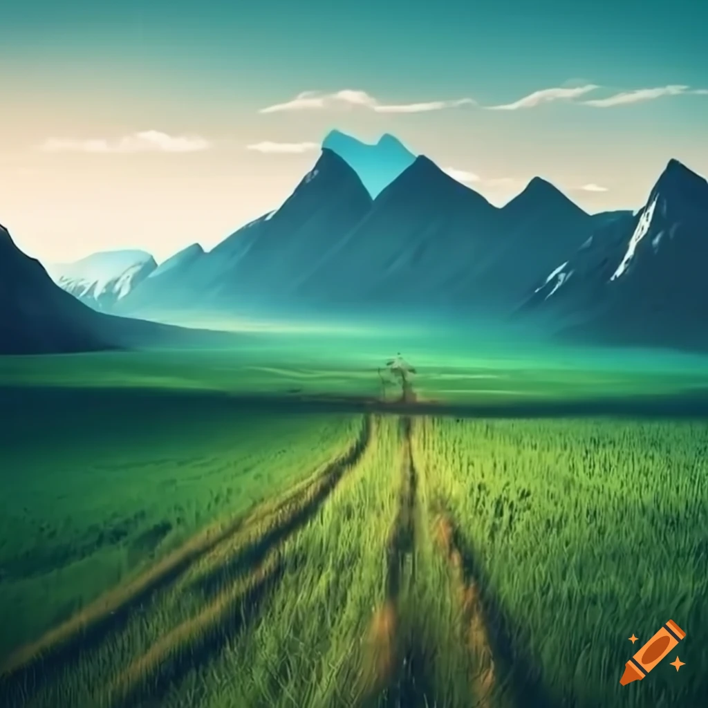 Endless field with mountains in a realistic setting on Craiyon