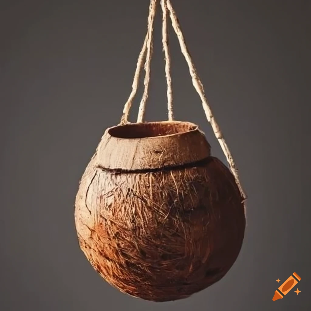 Coconut shell hanging flower pot on Craiyon