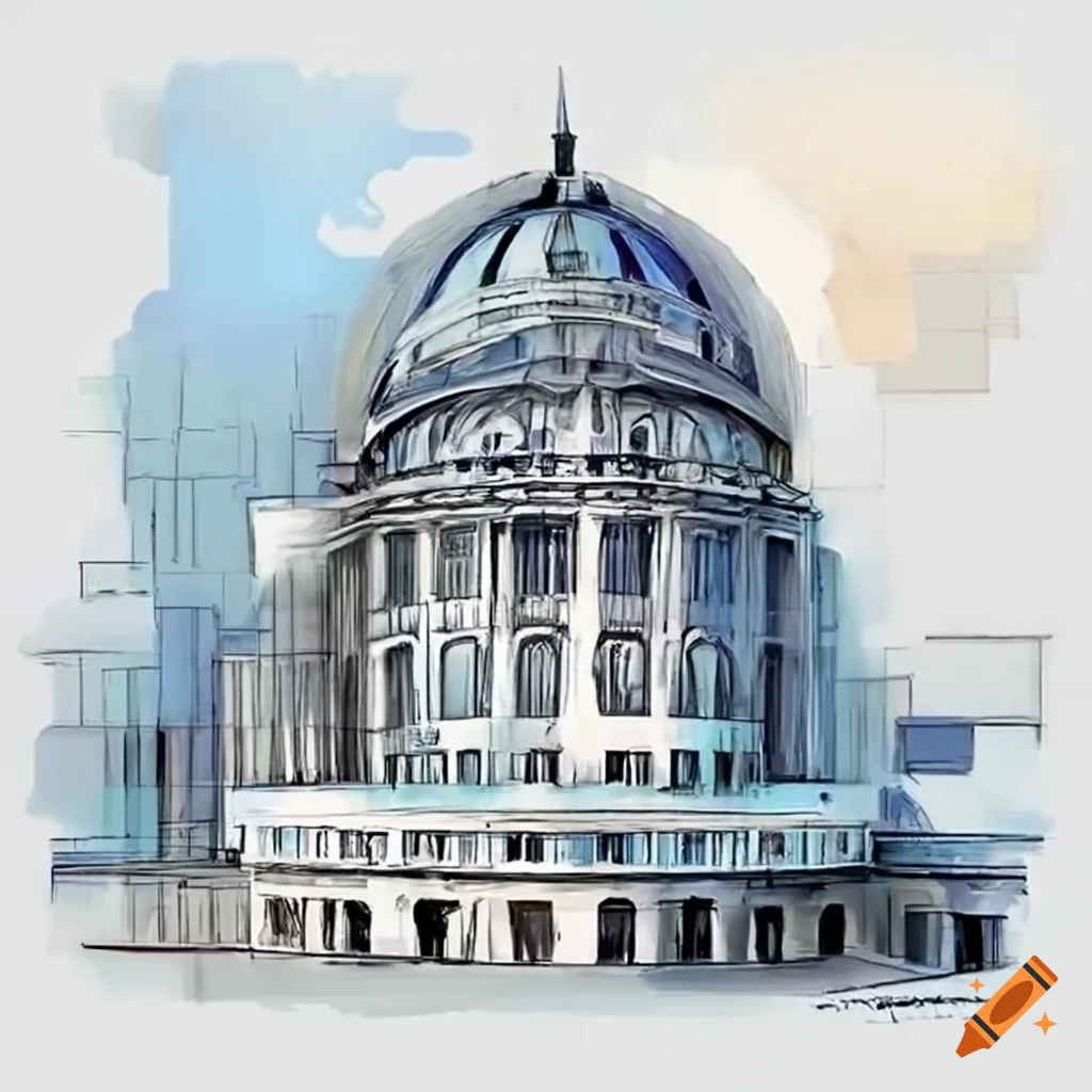 Modernist architecture future palace with metal walls and central dome ...