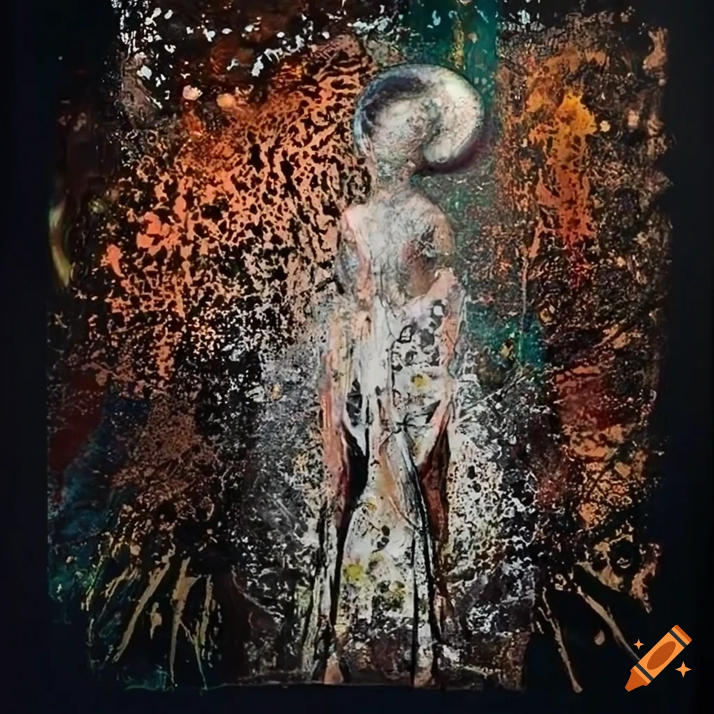 Abstract splatter painting of a woman surrounded by exotic flowers and ...