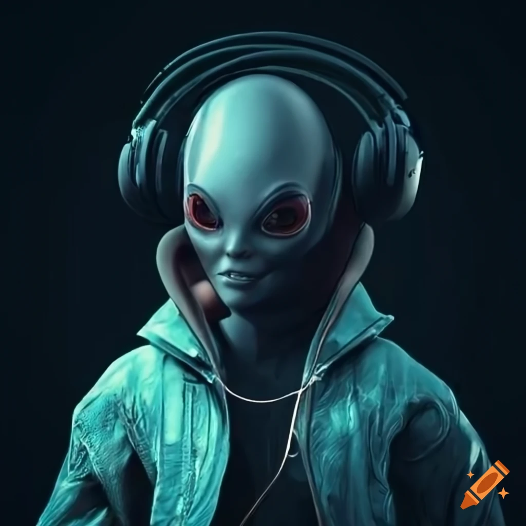 Alien wearing a jacket with headphones on Craiyon