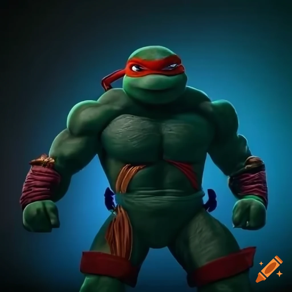 Muscular ninja turtle in an intimidating pose with neon accents on dark ...