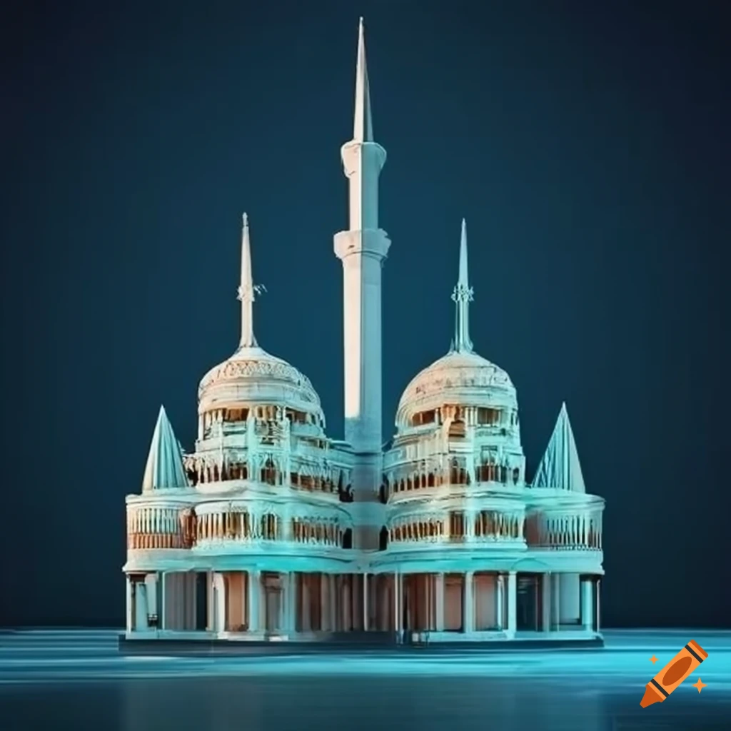 Modernist architecture future palace with metal walls and minarets on ...