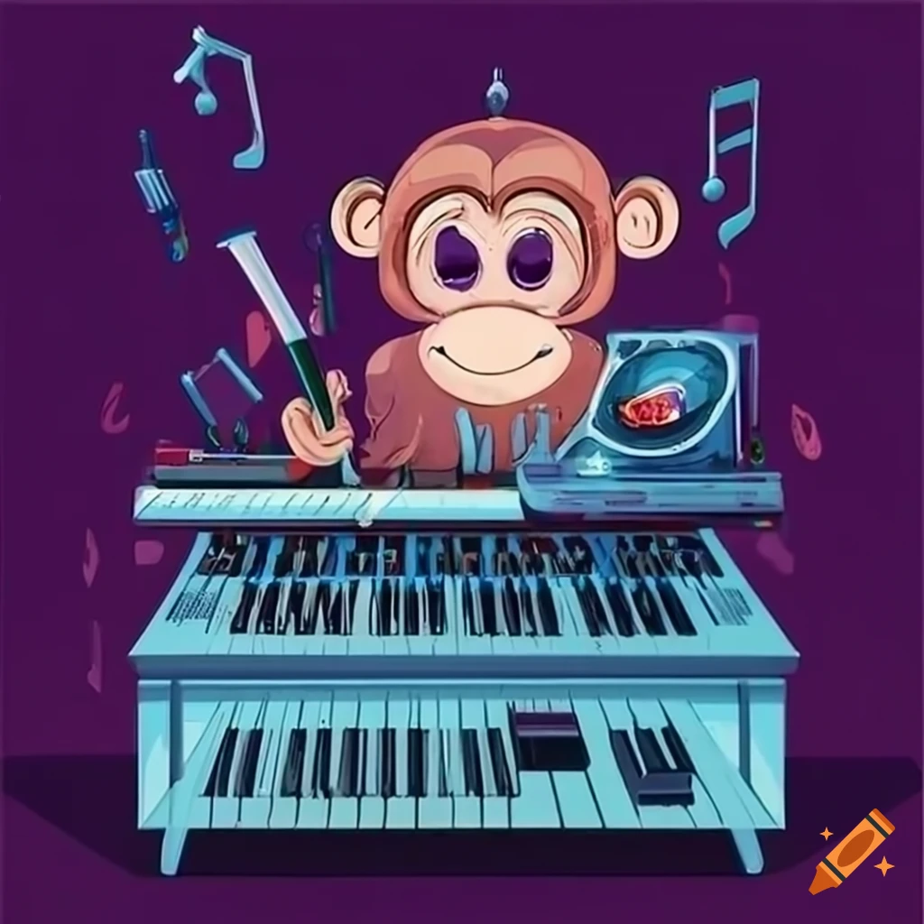 Monkey scientist creating electronic music in a laboratory on Craiyon