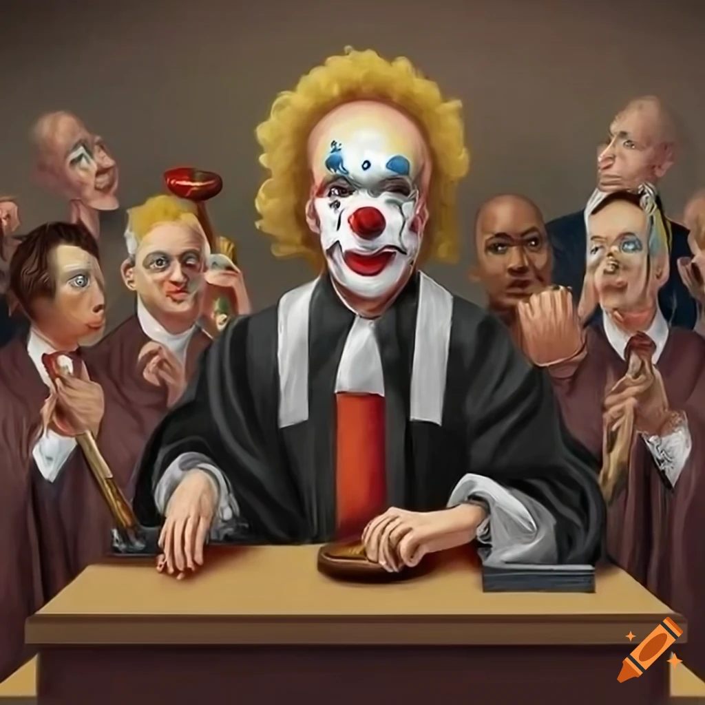 Clown judge with gavel in a surreal courtroom scene on Craiyon
