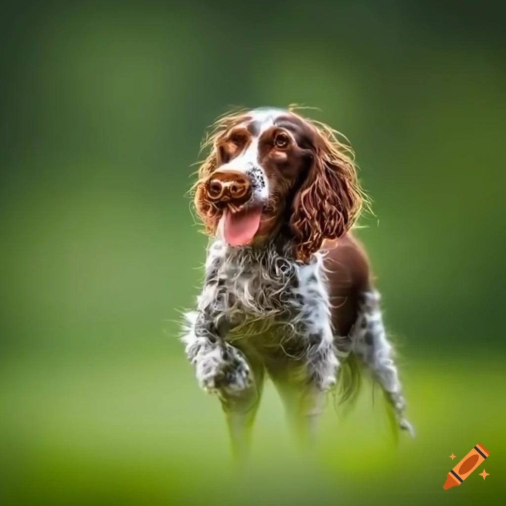 Hyper realistic claymation springer spaniel playing in a green field on ...