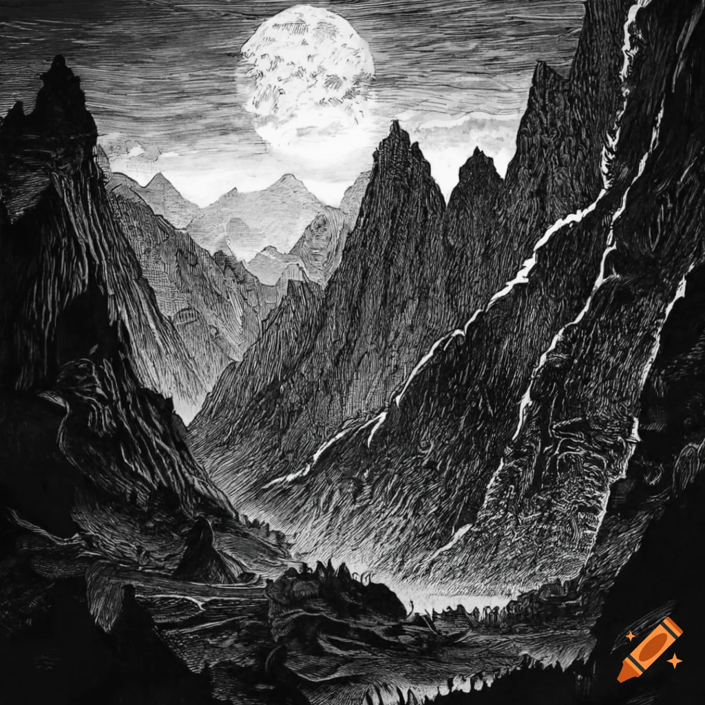 Peaceful mountain lair in an engraving style drawing on Craiyon