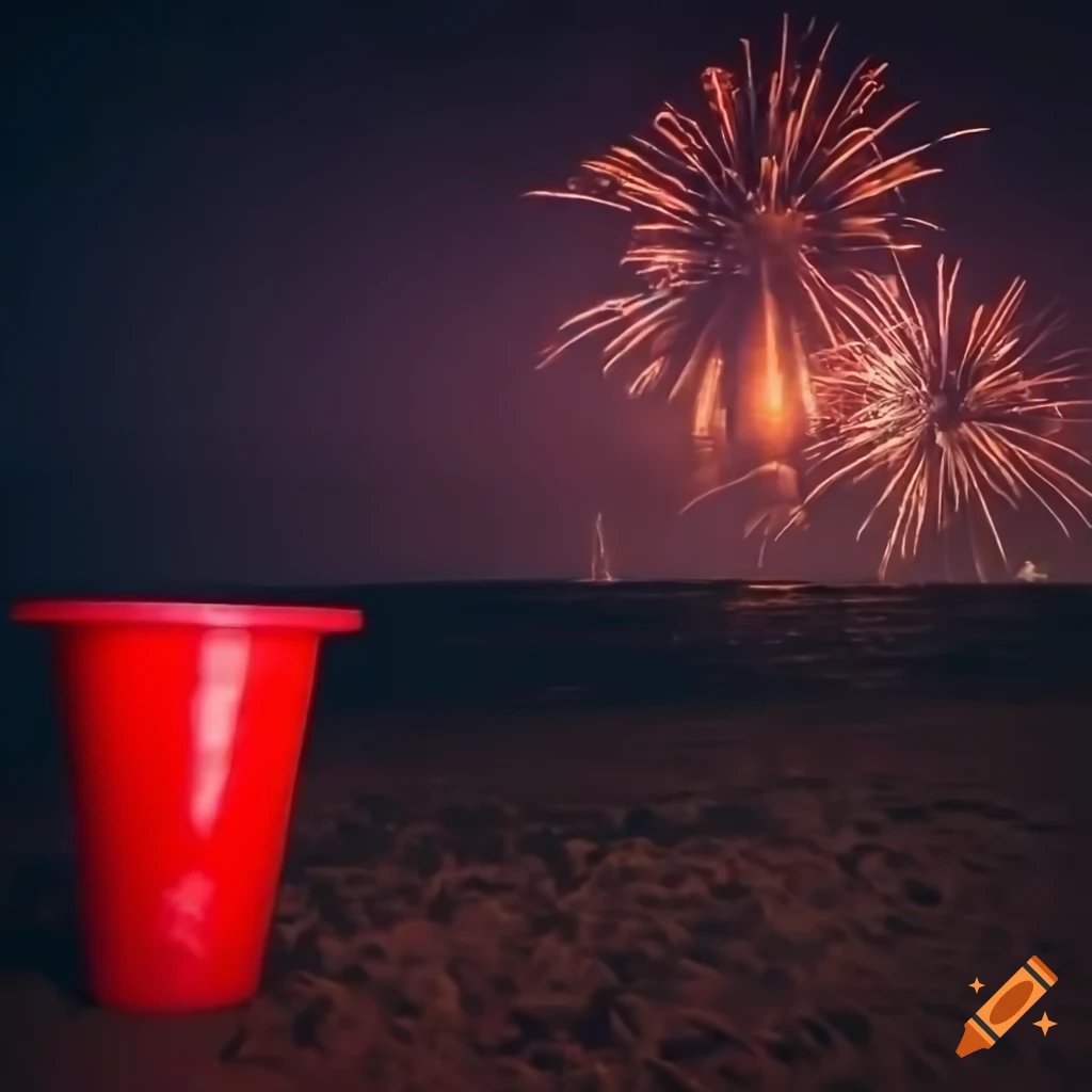 Beach party aftermath with old bongs and red solo cups under a sunset on the west coast beach on ...