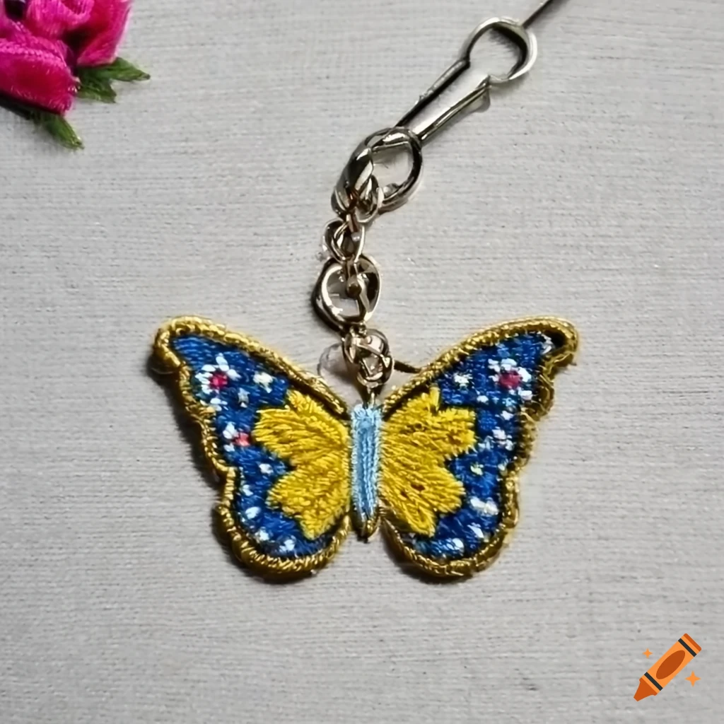 Embroidered butterfly keychain with flowers on Craiyon