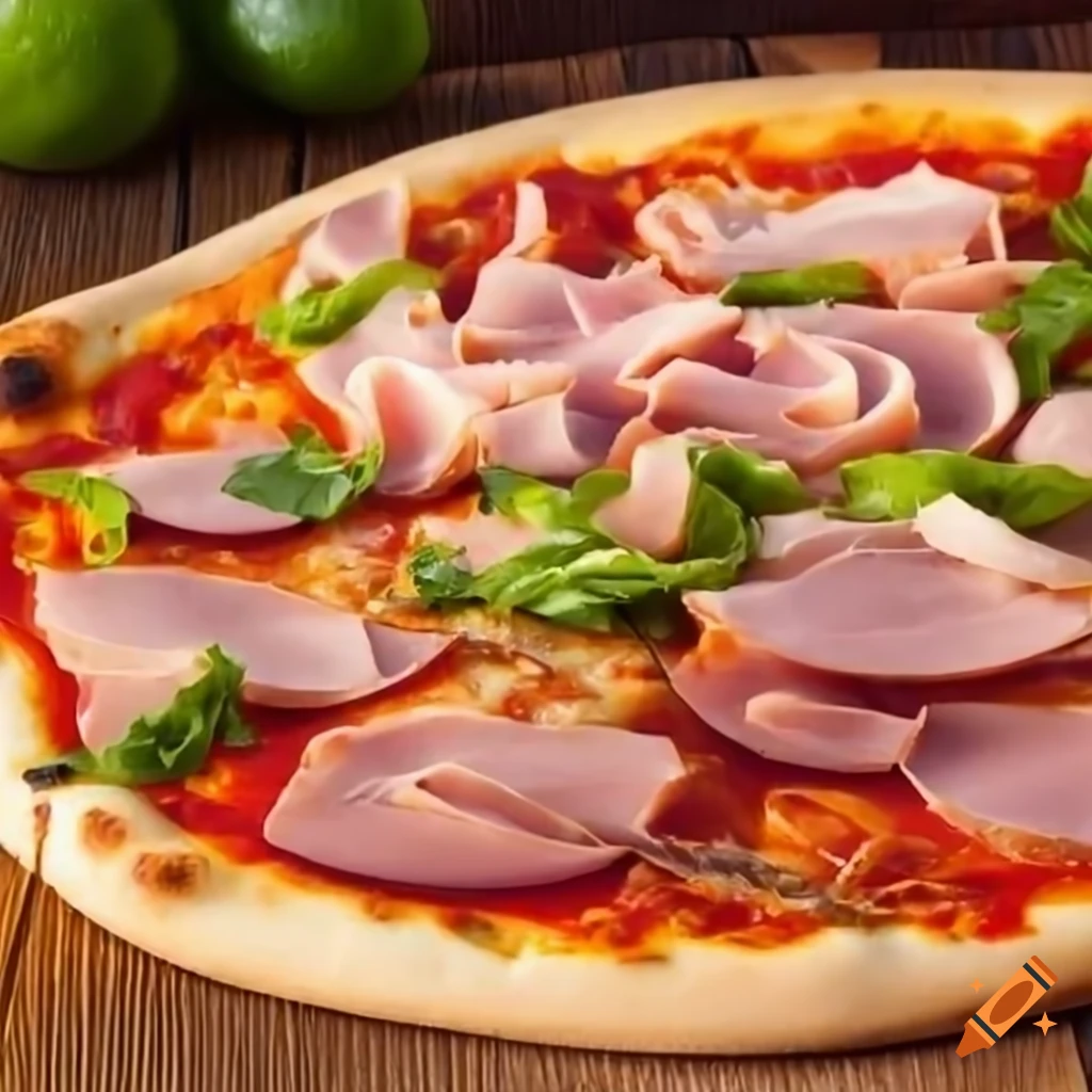 Delicious pizza topped with ham on Craiyon