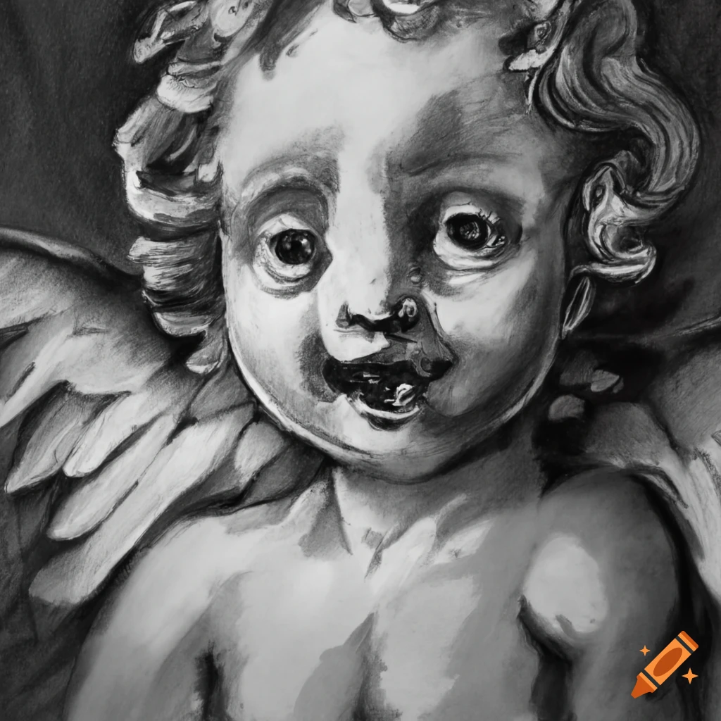 Cherubs singing with mouths open in charcoal drawing on Craiyon