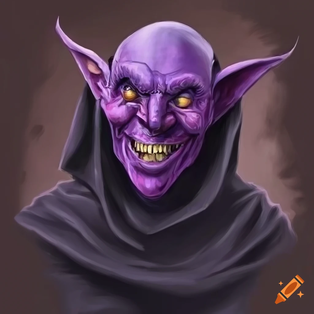 Realistic standing purple goblin in dark robes portrait drawing on Craiyon